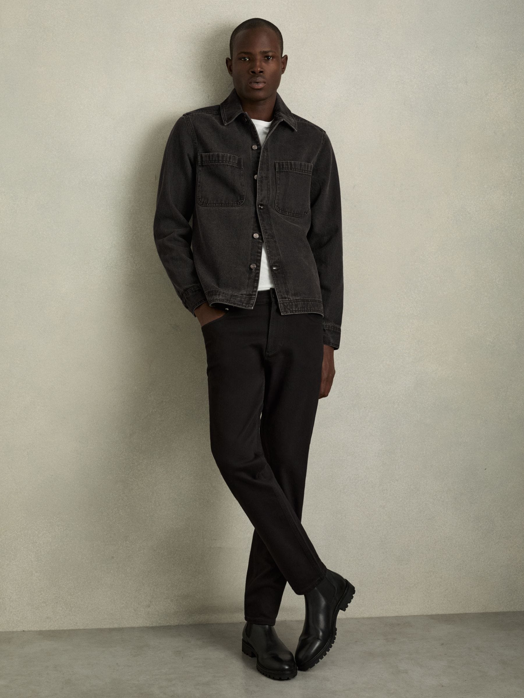 REISS tore cotton-denim button-through overshirt